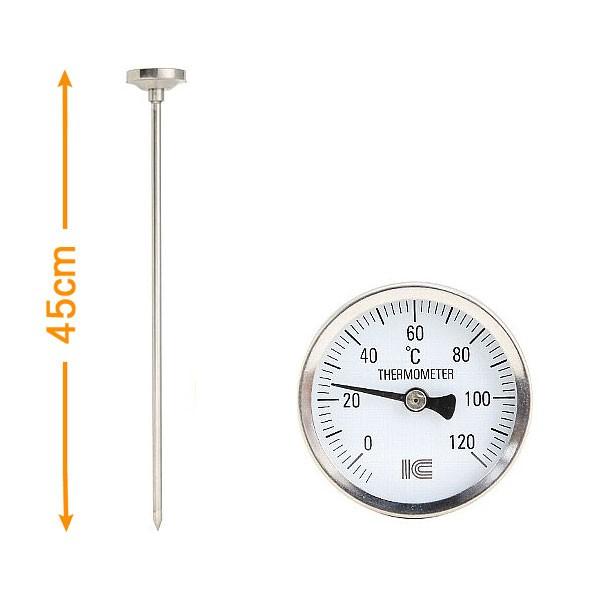 45cmの長さの堆肥用バイメタル温度計。堆肥の内部温度を測定することで発酵度合いがわかり、肥料作りに便利。0℃〜120℃までの温度範囲で一目盛1℃。バイメタル式のため、電池は不要。感温部分は棒先端から150mm内です。必ず先端から15cm以...