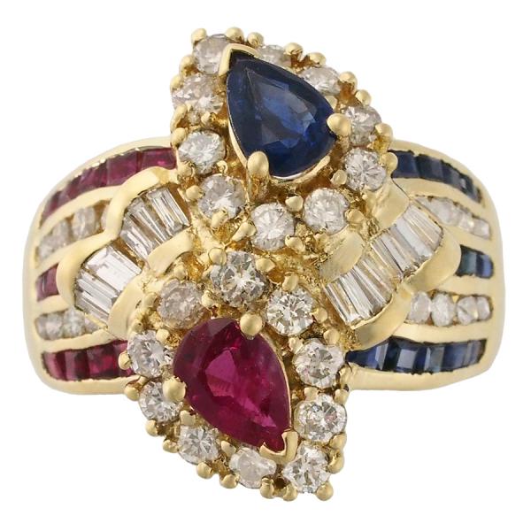 ブランド｜ノーブランド 商品名｜ サファイア/0.45ct ルビー/0.38ct ダイヤ/1.02ct 0.75ct デザイン リング型番｜―サイズ｜約14号最大幅 19mmアーム背面 3mm重量 8.7g素材｜K18YG 刻印｜K18 S...