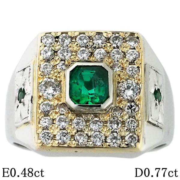 ブランド｜ノーブランド 商品名｜ エメラルド/0.48ct ダイヤモンド/0.77ct シグネット 印台 メンズ リング型番｜―サイズ｜約19号最大幅 14.8mmアーム背面 4.7mm重量 19.4g素材｜Pt900 /K18YG刻印｜P...