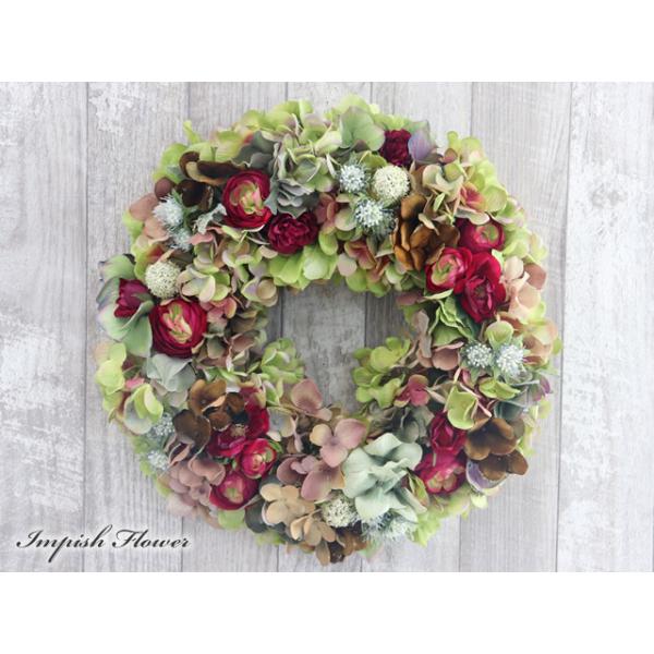 アーティフィシャルフラワー 造花 使用■アレンジサイズ: 直径:35 高さ:11 (cm) ■主な使用造花：アジサイ・ラナンキュラスインテリアとしてはもちろん御祝い用にもぴったりの豪華な造花を使った壁掛けリースのアレンジメント用途例：誕生日...