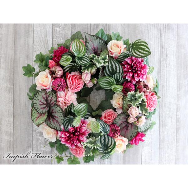 アーティフィシャルフラワー 高級造花 使用■アレンジサイズ: 幅:55 奥行き:15 高さ:55 (cm) ■主な使用造花：バラ・ダリアインテリアとしてはもちろん御祝い用にもぴったりの豪華な造花を使った壁掛けリースのアレンジメント用途例：誕...