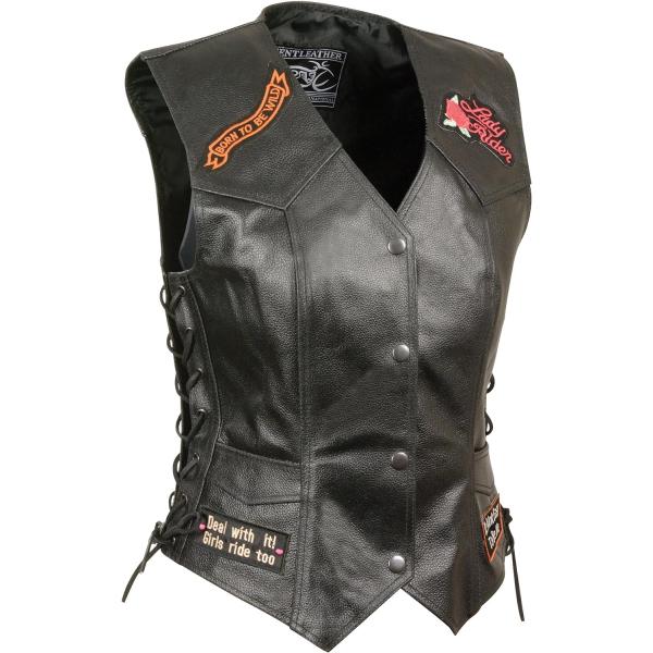 商品名EVENT LEATHER ELL4900 「Love to Ride」レディースブラックレザーベスト サイドレースとパッチ刺繍付き - XSEvent Leather Women's 9 Patches Vest (Black, X...
