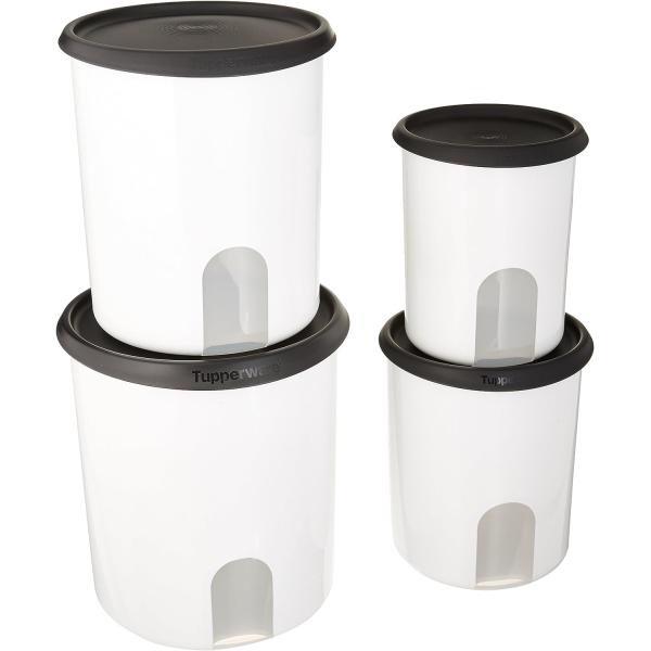 商品名TUPPERWARE ONE TOUCH REMINDER 4-PC. CANISTER SET/BLACK WITH NEW DESIGNED SEALSブランド：Tupperware商品サイズ：高さ：18.3 cm横幅：19.5 ...