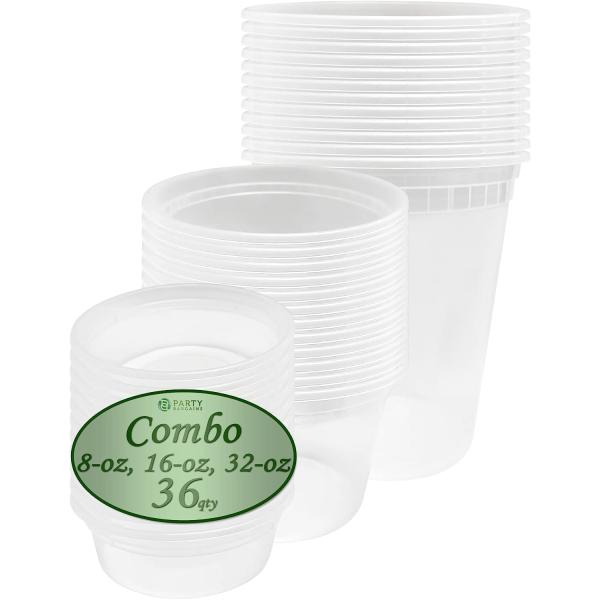 商品名PARTY BARGAINS [蓋付きフードコンテナ 36個パック - 8オンス 16オンス 32オンスサイズのバンドル 各12個 - 食品用デリコンテナ 温度弾力性 漏れ防止 再利用可能PARTY BARGAINS [36 Pack...