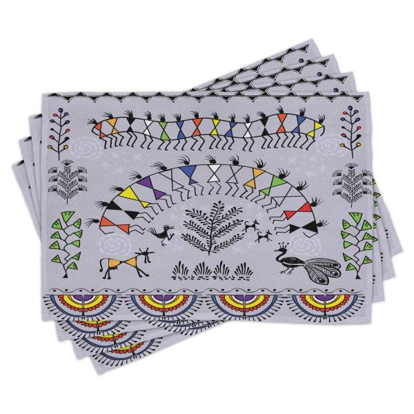 商品名:  Lunarable Tribal Place Mats Set of 4, Traditional Tribal Warli Art Design with Dancing Clan Nature Peacock, Washab...