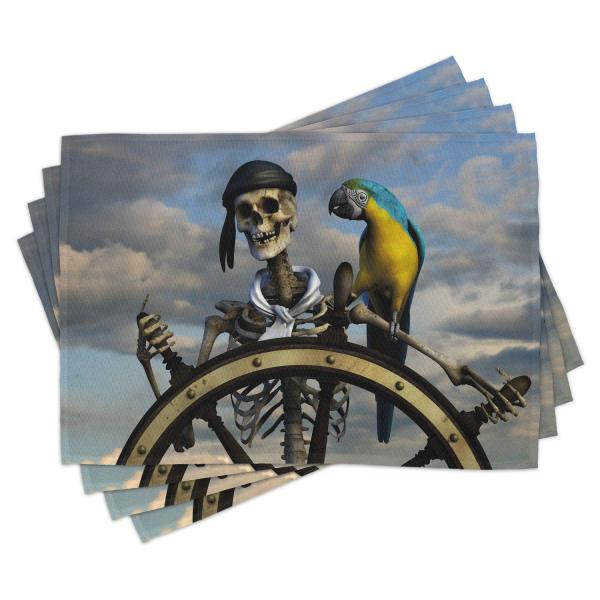 商品名:  Lunarable Pirate Place Mats Set of 4, Skeleton Corsair Captain on Steering Wheel Exotic Macaw Parrot Bandit Cloudy...