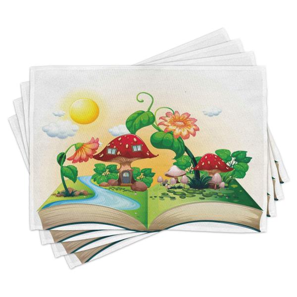商品名:  Lunarable Cartoon Place Mats Set of 4, Pop up Book with Mushroom House and Flowers River Forest Fun Nature Print, ...