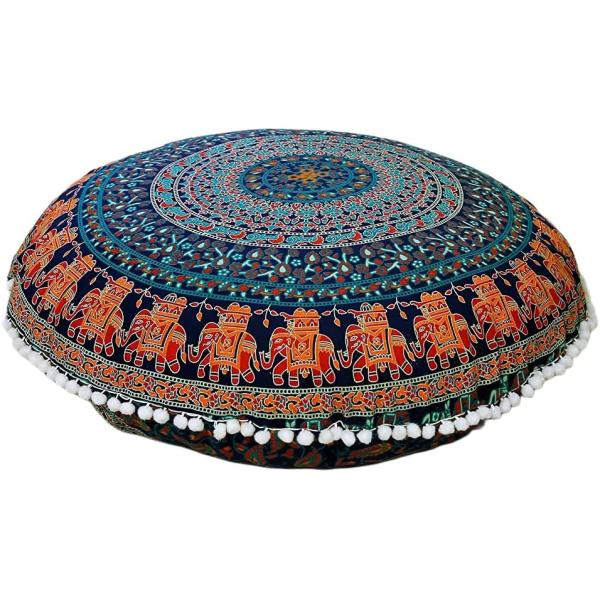 商品名(Blue 4) - Third Eye Export - 80cm Mandala Barmeri Large Round Floor Pillow Cover Cushion Meditation Seating Ottoman ...