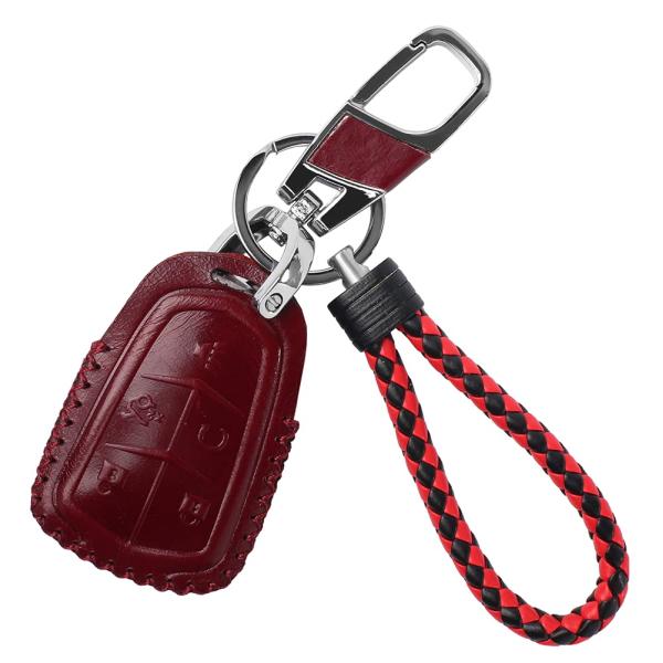 商品名: レザーカーリモートキーフォブホルダーケースカバー Etuiシェル 編組キーチェーン&amp;キーリング付き キャデラック5ボタン ESV エスカレード GTS CTS XTS SRX ATS XT5 CT6 オートアクセサリー ワ...