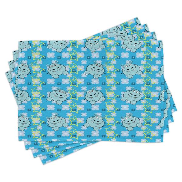 商品名:  Lunarable Yellow and Blue Place Mats Set of 4, Funny Cartoon Hippopotamus with Stars and Daisy Flowers, Washable F...