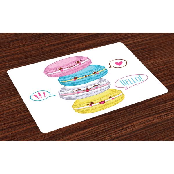 商品名:  Lunarable Kawaii Place Mats Set of 4, Macaroons Stacked Colorful French Cookies Lovable Funny Cartoon Characters, ...