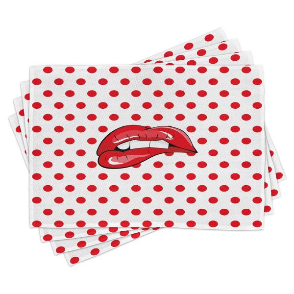 商品名:  Lunarable Kiss Place Mats Set of 4, Woman Sensually Biting Her Red Lips Teeth on Polka Dotted Backdrop in Cartoon ...