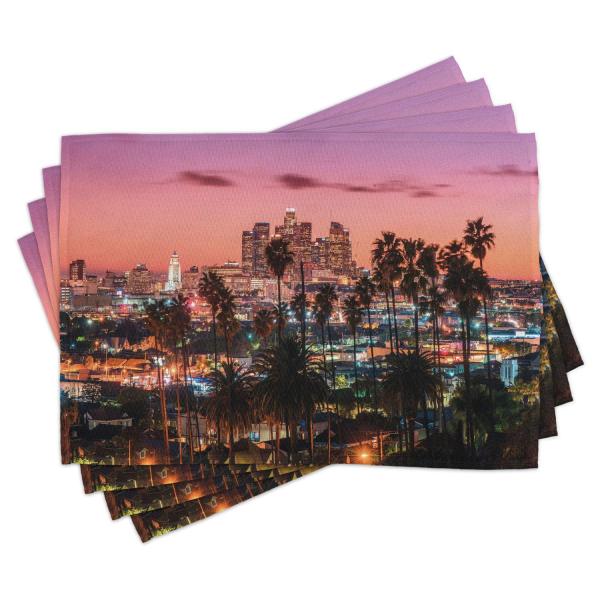 商品名:  Ambesonne United States Place Mats Set of 4, Vibrant Sunset Twilight Scenery Los Angeles Famous Downtown Palm Tree...