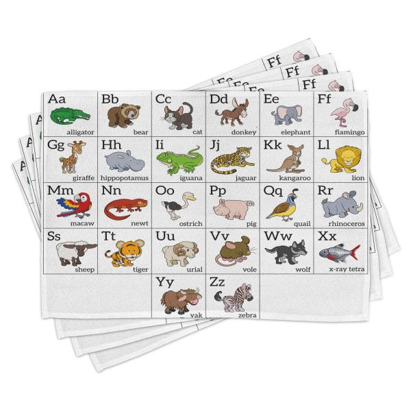 商品名:  Ambesonne ABC Place Mats Set of 4, Alphabet Learning Chart Cartoon Animals Names Letters Upper and Lowercase Print...