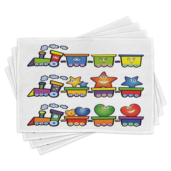 商品名:  Ambesonne Cartoon Place Mats Set of 4, Trains Loaded with Stars Hearts and Smiles Cheerful Happy Locomotive Print,...