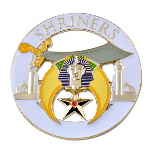 商品名: Shrinersラウンドホワイト車オートエンブレム???3?"直径 Shriners Round Masonic Auto Emblem - [White &amp; Gold][3'' Diameter]ブランド: The Ma...