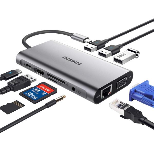 商品名: USB Cハブ USB Cアダプタ EUASOO 10 in 1 Thunderbolt 3 hub 1000M RJ45 イーサネット 4K HDMI VGA USB 3.0 ポート PD 2.0 充電ポート カードリーダー オ...