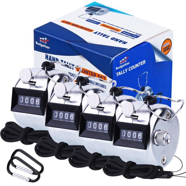 商品名: ハンドピッチ タリー カウンタークリッカー - 1と4個パック 金属製 手持ち式 ピープルカウンタークリッカー ストラップ1つとカラビナ1つ付き - 手動機械式 シルバースチール 4桁数 フィンガーリングクリック (4パック) H...