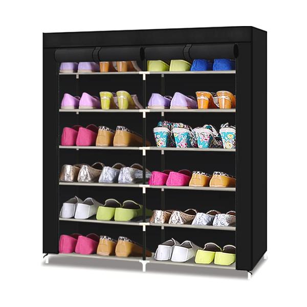 商品名: TXT&amp;BAZ 24ペア ポータブルシューズラック 2列 不織布カバー付き ミニ 34.6x11x43.3 ブラック TXT&amp;BAZ 24-Pairs Portable Shoe Rack Double Row w...