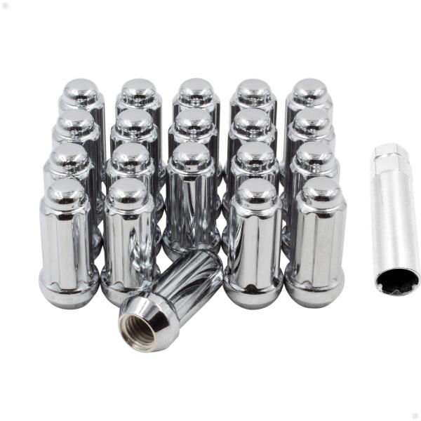商品名: ホイールアクセサリー部品 20個セット クローム 12x1.75 ラグナット 長さ1.88インチ 車クローズエンドバルジ ドングライン スプライン ラグナット コーンシート 鍵付き (M12 x 1.75 クロム 20個) Whe...