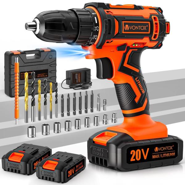 商品名:  Drill Set, V VONTOX 20V Cordless Drill with 2 Batteries 2.0AH &amp; Fast Charger, Home Power Drill 3/8" Keyless Ch...