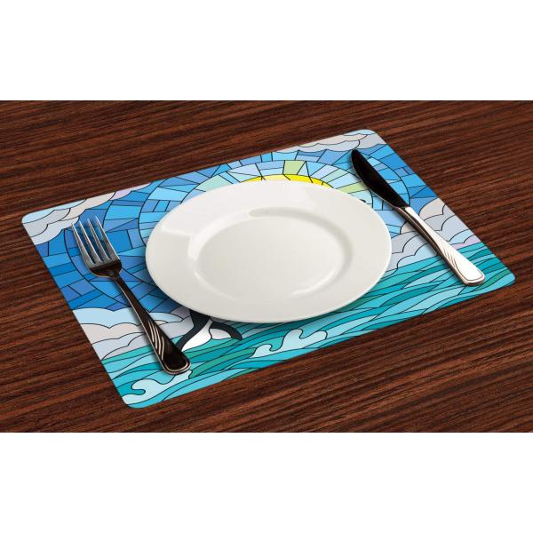 商品名:  Lunarable Orca Place Mats Set of 4, Stained Glass Illustration of Whale Rippling Ocean Sky with Sun Art, Washable ...
