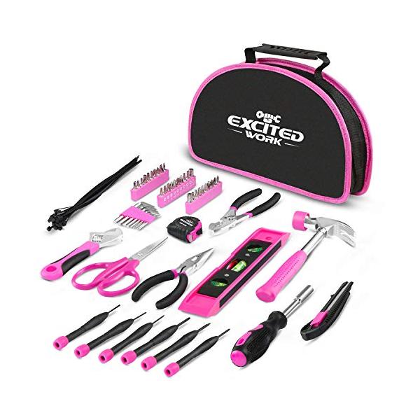 商品名: EXCITED WORK 69-Piece Pink Tool kit, Ladies Hand Tool Set with Easy Carrying Round Pouch for DIY, Home Maintenance ...