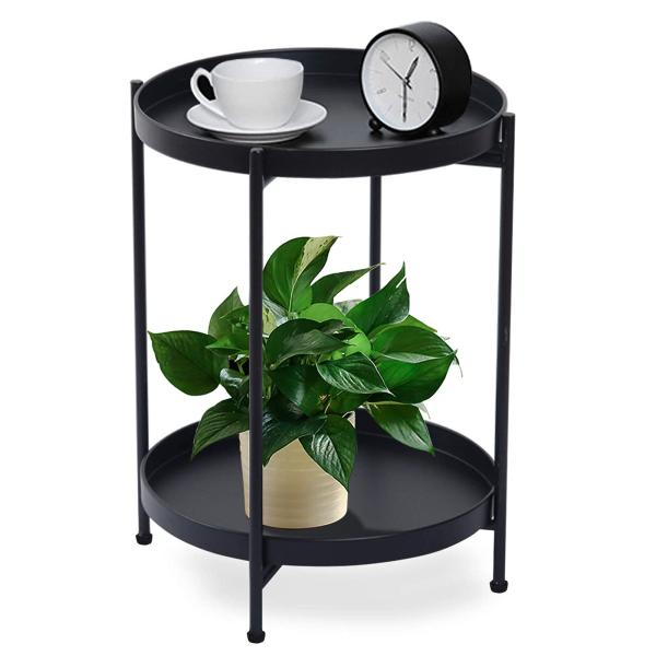 商品名:  FUNME Black Folding End Table 2-Tier Metal Round Side Table with Removable Tray for Living Room,(15.2”Dx20”H)ブランド:...