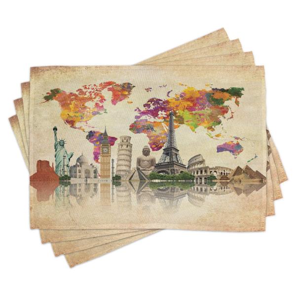 商品名:  Lunarable Travel Place Mats Set of 4, Landmarks of The World 7 Wonders Europe Asia and America Abstract Map Modern...