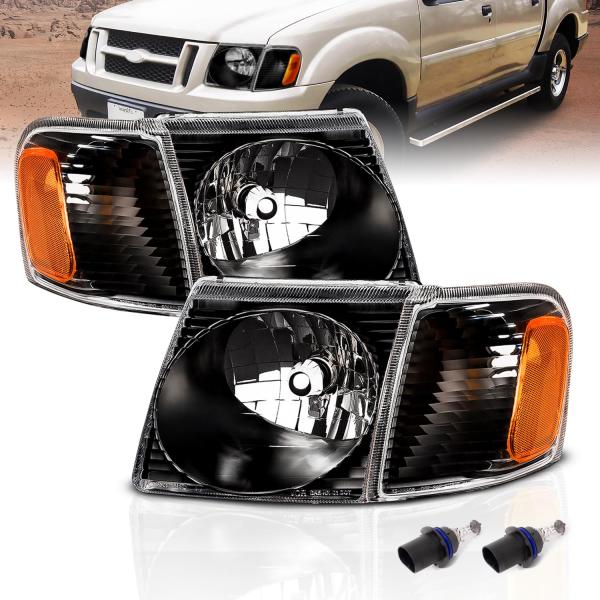 商品名: AmeriLite 交換用ヘッドライト 2001-2005 フォード エクスプローラー スポーツ/スポーツトラック クリスタルブラック コーナーランプ付き ペア 助手席と運転席側 AmeriLite for 2001-2005 F...