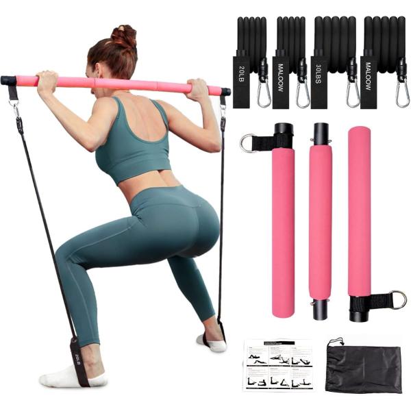 商品名ピラティスバーキット レジスタンスバンド付き (スタンダード2個&amp;強力2個) プロテーブルホームジムワークアウト器具 女性用 ストレッチフュージョンエクササイズバー 筋肉/脚/尻/腕の調子を整えるためのバンドPilates B...