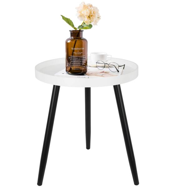商品名:  Round End Table White with Black Metal Tripod Table Legs, Small Side Table for Living Room, Sofa Side, Bedroom Nig...