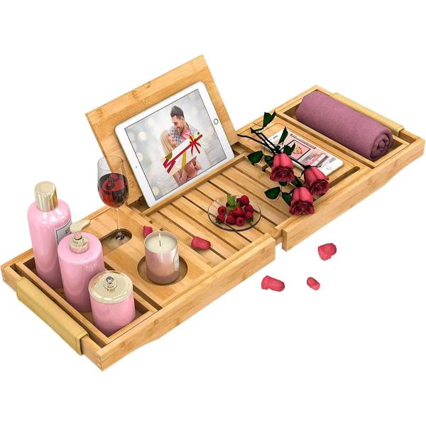 商品名: バスタブトレイ バスタブトレイ - 拡張可能なバスタブキャディ リーディングラックまたはタブレットホルダー付き プレミアムレザーグリップ ノンスリップパット 高級バス用 竹製 バスルーム テーブルトレイ 浴槽用 男女兼用 ギフト ...