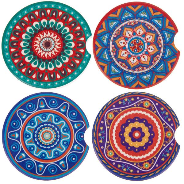 商品名:  4 Pack Car Cup Holder Coasters,2.56 inch Absorbent Mandala Ceramic Car Insert Coasters with Fingertip Grip for Eas...