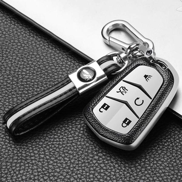 商品名: ontto Cadillac CTS SRX XT5 キーフォブカバー レザー スマートリモートケースホルダー フルプロテクション 5ボタン シルバー ontto for Cadillac CTS SRX XT5 Key Fob ...