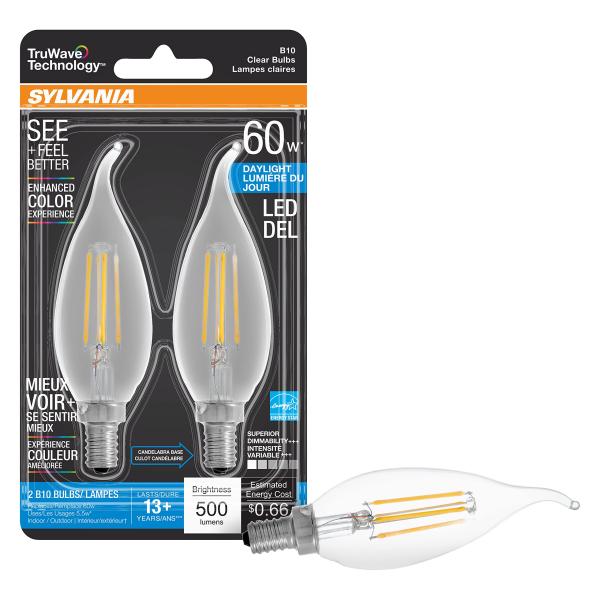商品名:  SYLVANIA LED TruWave Natural Series Candelabra Base Light Bulb, 60W Daylight, Dimmable, Clear, Candle Tip - 2 Pack...