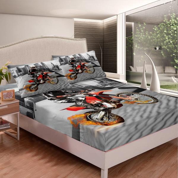 商品名: Motocross Rider フィットシート エクストリームスポーツデザイン 寝具セット ティーンズ クール モダン オートバイ ベッドシートセット 男の子 子供 メンズ グレー シティ ビルディング ダートバイク ベッドカバー...