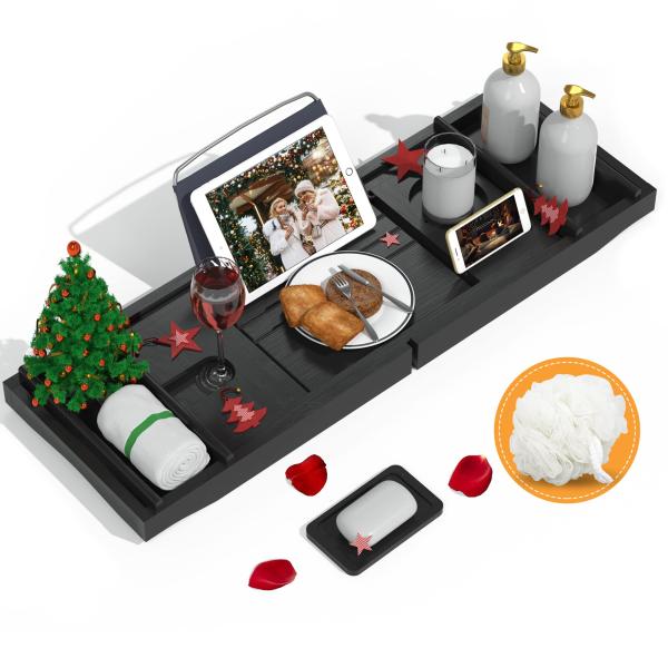 商品名: Domax バスタブキャディトレイ 拡張可能な竹製の浴槽トレイ 高級バス用 本ホルダーとソープディッシュ付き ブラック 29.4~44.2×9.1×1.65インチ Domax Bathtub Caddy Tray Expandab...