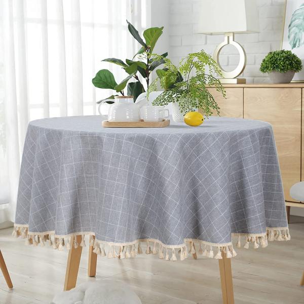商品名: 円形テーブルクロス コットンリネンテーブルクロス しわにならない 防塵 テーブルカバー バッファローテーブルクロス 洗濯可能 テーブルリネン 55インチ グレー 刺繍 タッセル テーブルクロス キッチン ダイニング 農家 テーブル...