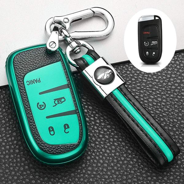 商品名: ontto 5ボタンキーカバー ジープキーフォブケース TPUレザーパターン キーシェル キースキン クライスラー300 200 Dodge Charger Jeep Grand Cherokee Renegade グリーン on...