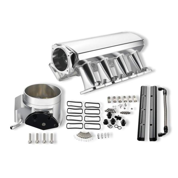 商品名: DEMOTOR PERFORMANCE ファブリックインテークマニホールドハイプロファイルスロットルボディ 102mm カテドラルポートLS1/LS2/LS6ヘッド用 シルバー MAPセンサーポート燃料レール付き DEMOTOR ...