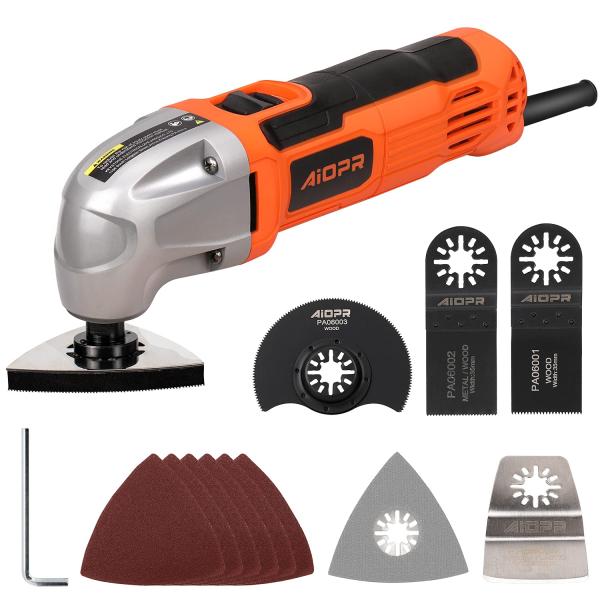 商品名:  AIOPR 1.5Amp Oscillating Multi Tool Kits w/ 3pcs Saw Blades, 1pc Semi Circle Blade Sanding Plate and 6pcs Sanding ...