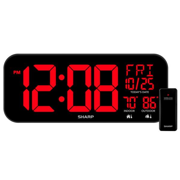 商品名:  SHARP Large Oversized Screen LED Clock with Outdoor/Indoor Temperature with Outdoor Sensor, with Date and Day of W...