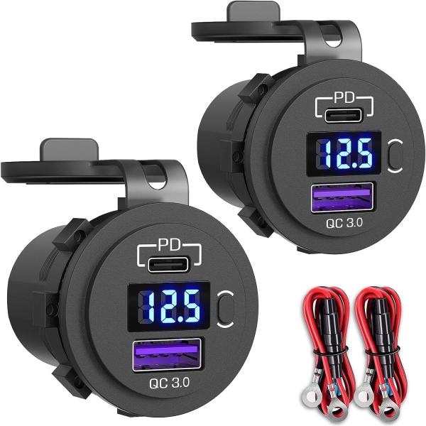 商品名Qidoe USB C 車用充電器ソケット 2個パック 12V USBコンセント PD3.0 20W USB C 18W QC3.0 車用USBポート、LED電圧計とオン/オフスイッチ付き 高速車載USBコンセント 車 ボート マリン...