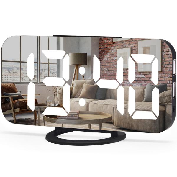 商品名:  U-pick Digital Alarm Clock, 6.6" Large Mirrored LED Clock with Dual USB Charger Ports | Easy Snooze Function | 3 A...
