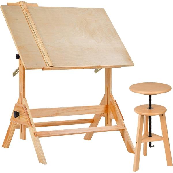 商品名: MEEDEN 木製製図テーブル&amp;スツールセット アーティスト用スツールとクラフトテーブル 高さ調節可能 傾斜可能なテーブルトップ アートワーク グラフィックデザイン 読書 書き MEEDEN Wood Drafting T...