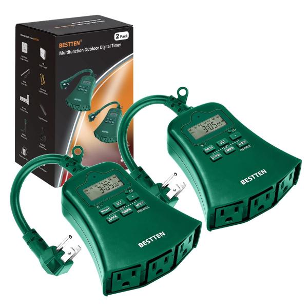 商品名:  [2 Pack] BESTTEN 7 Day Outdoor Digital Plug-in Timer with Clock and Push Button, Countdown Timer with 3 Grounded O...