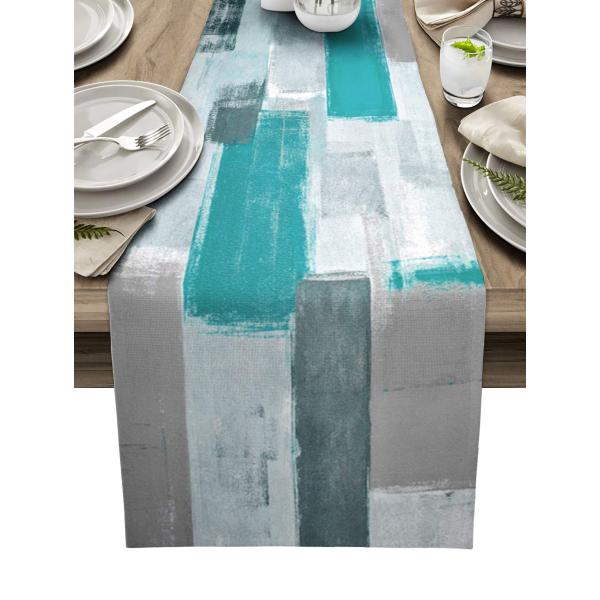 商品名: テーブルランナー ファームハウススタイル 黄麻布 テーブルランナー 13 x 90インチ シアン ブルー グレー モダン 抽象アート 絵画 グラフィティ デザイン テーブルランナー キッチン 日常のダイニング ウェディングパーティ...