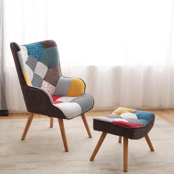 商品名:  Daxue Mid Century Patchwork Chair Sofa with Ottoman Chaise Linen Fabric Upholstered Highback Armchair Lounge Chair...