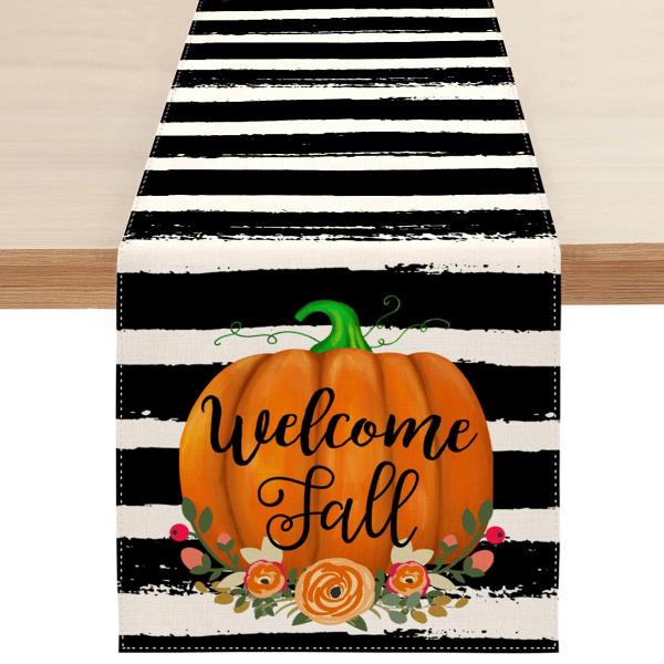 商品名: Sambosk Welcome Fall パンプキン テーブルランナー 秋 感謝祭 ファームハウス ストライプ テーブルランナー キッチン ダイニング コーヒーまたは屋内 屋外 ホームパーティーの装飾に 13 x 72インチ SK...